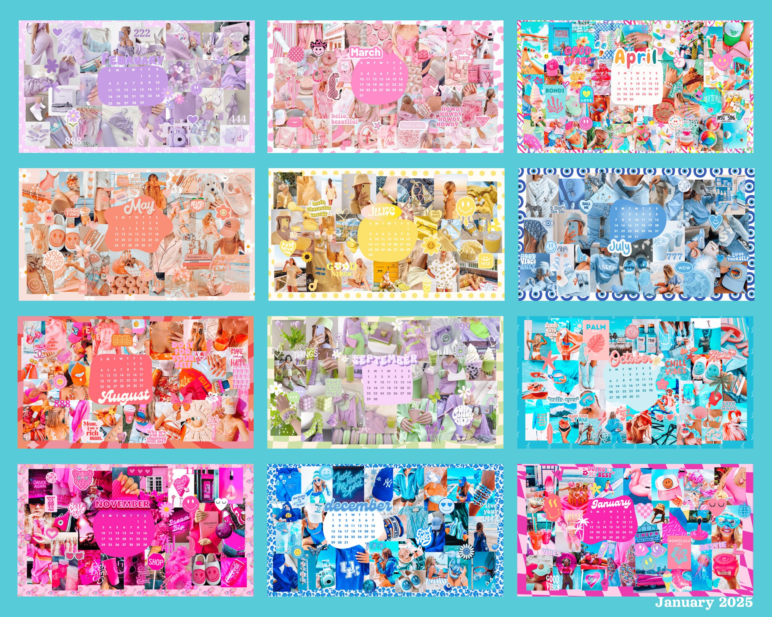 2024 Preppy Collage 12 DESKTOP WALLPAPER CALENDARS Bright Preppy ...
