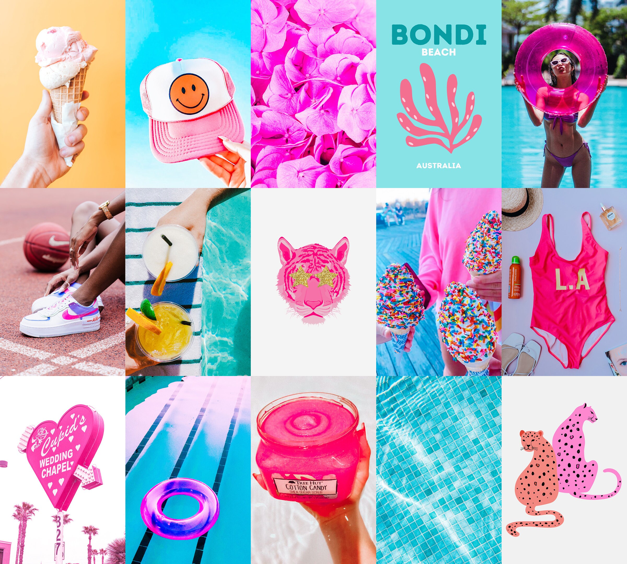 Preppy Summer PRINTED 60pc COLLAGE KIT Pink & Turquoise Aesthetic 4x6 ...