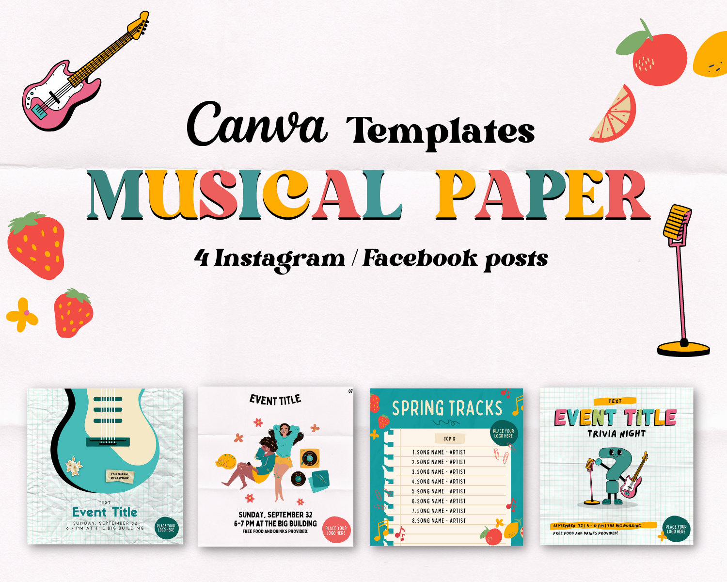 Retro Canva Templates, Musical Paper, 4 Instagram Posts, Music Event ...