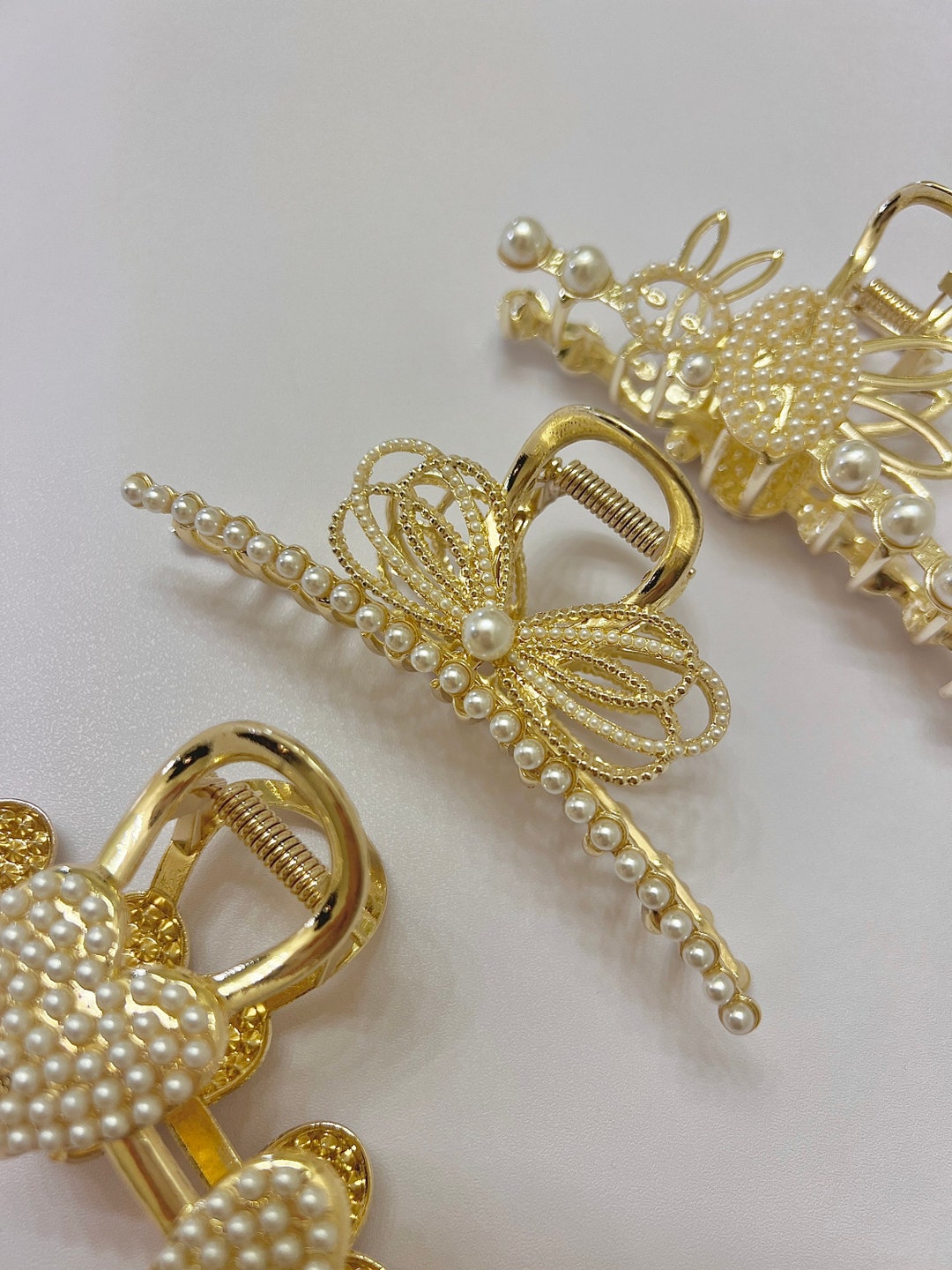 Set of Three Elegant Pearl and Diamond Golden Metal Hair Clips Claw ...