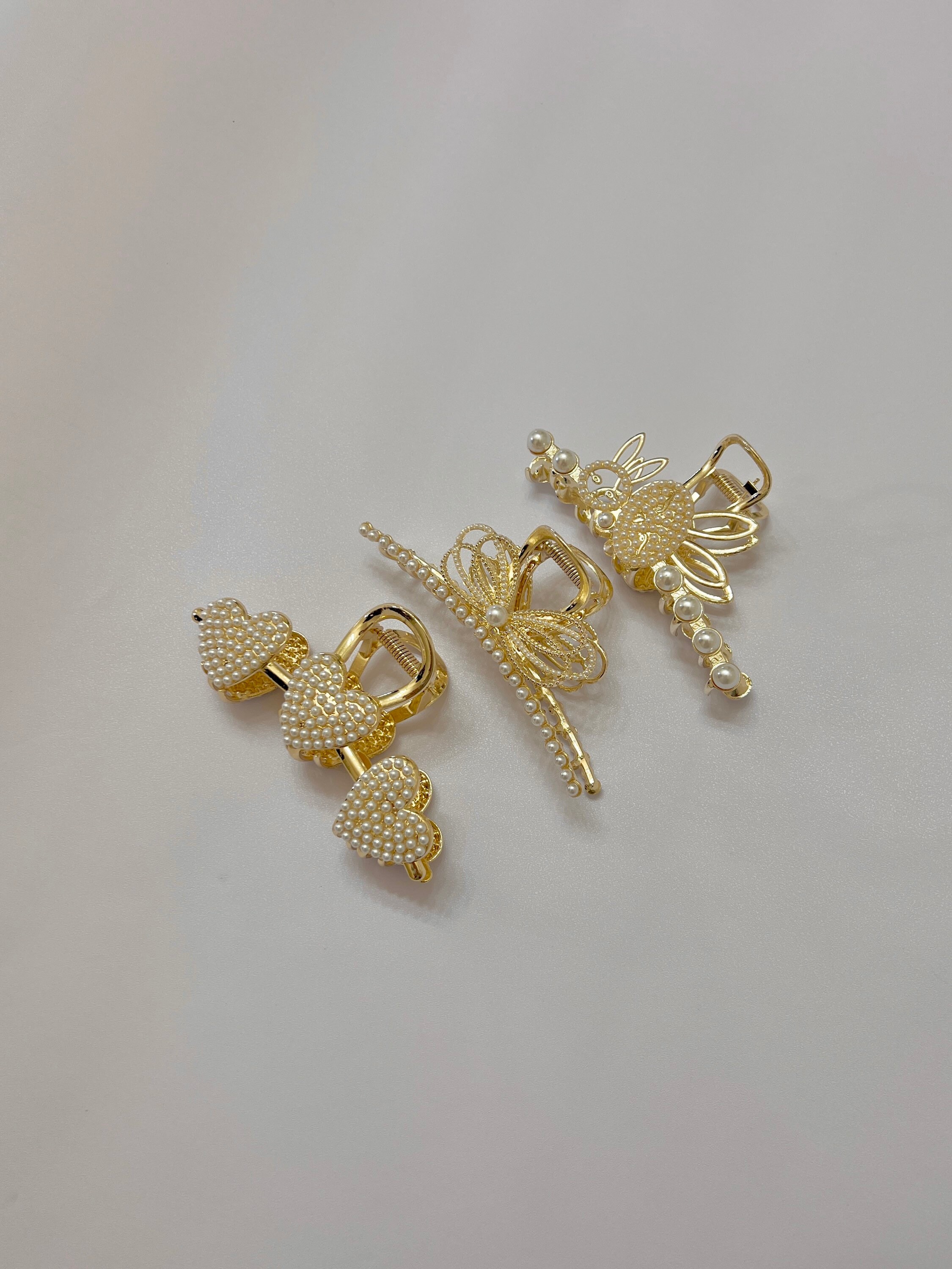 Set of Three Elegant Pearl and Diamond Golden Metal Hair Clips Claw ...