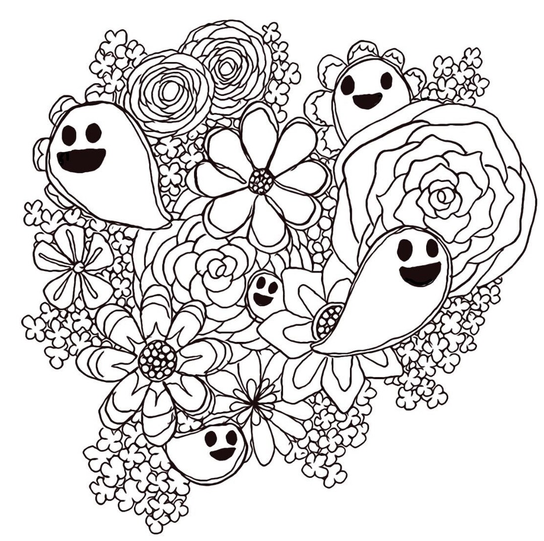 Happy Ghost Flowers Coloring Page - Etsy
