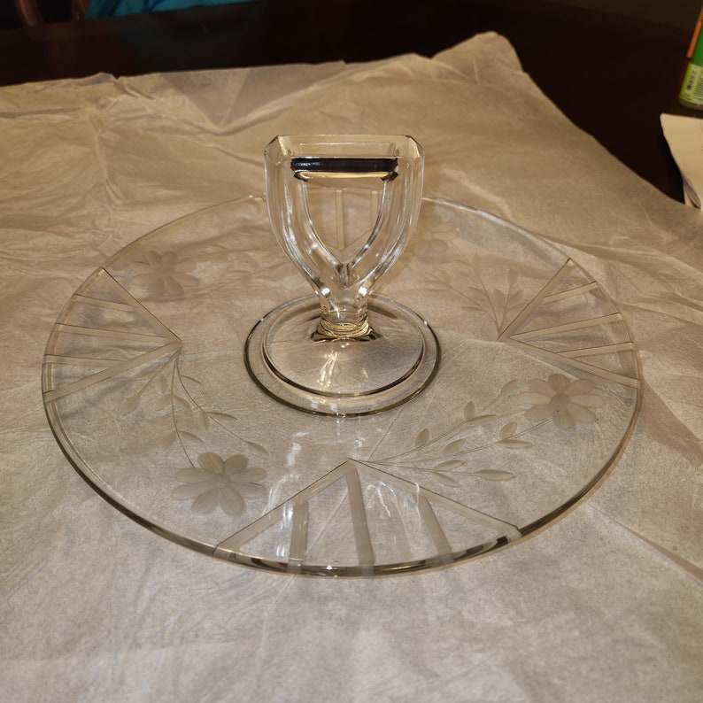 Vintage Etched Clear Glass Center Handle Sandwhich Tidbit Tray Plate ...
