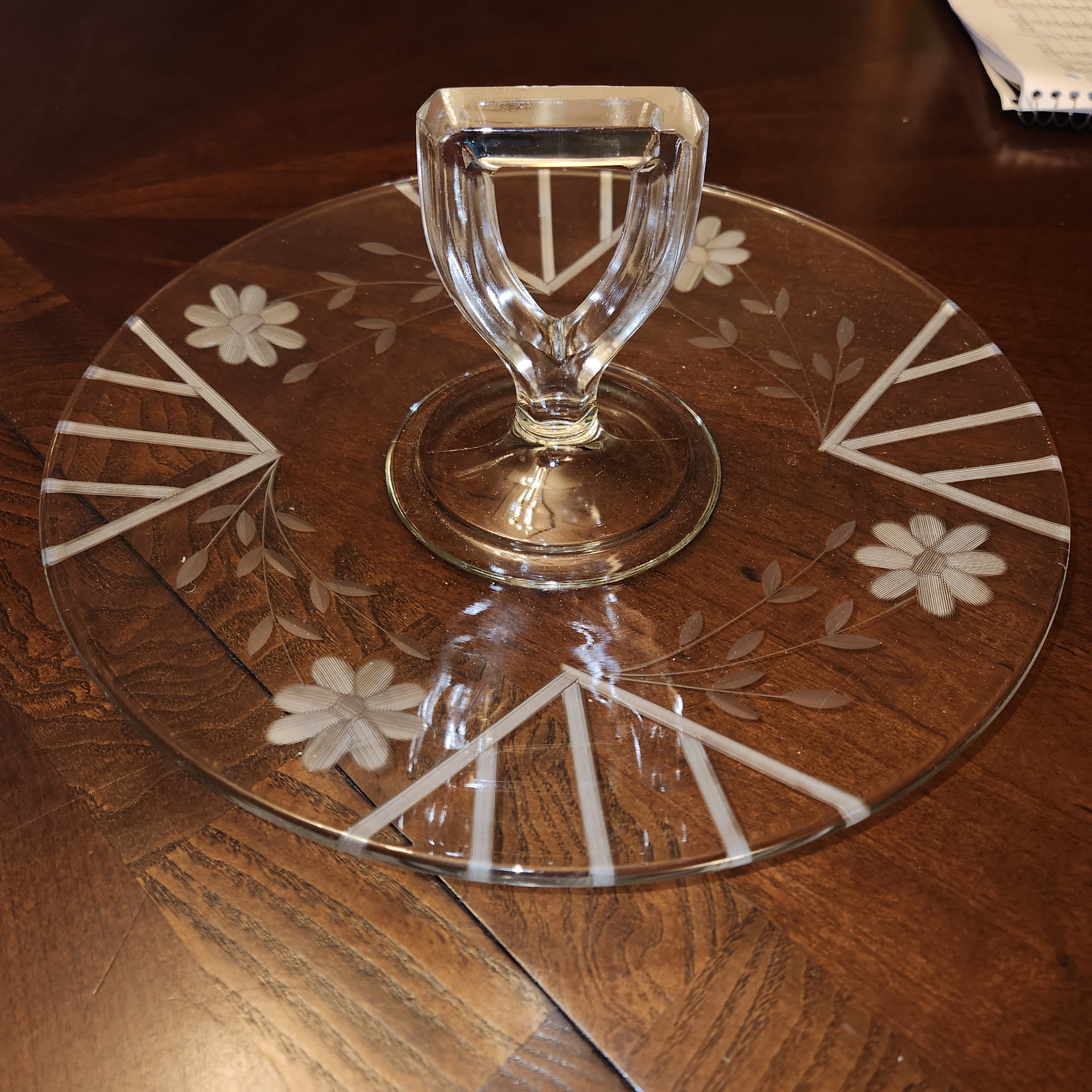 Vintage Etched Clear Glass Center Handle Sandwhich Tidbit Tray Plate ...