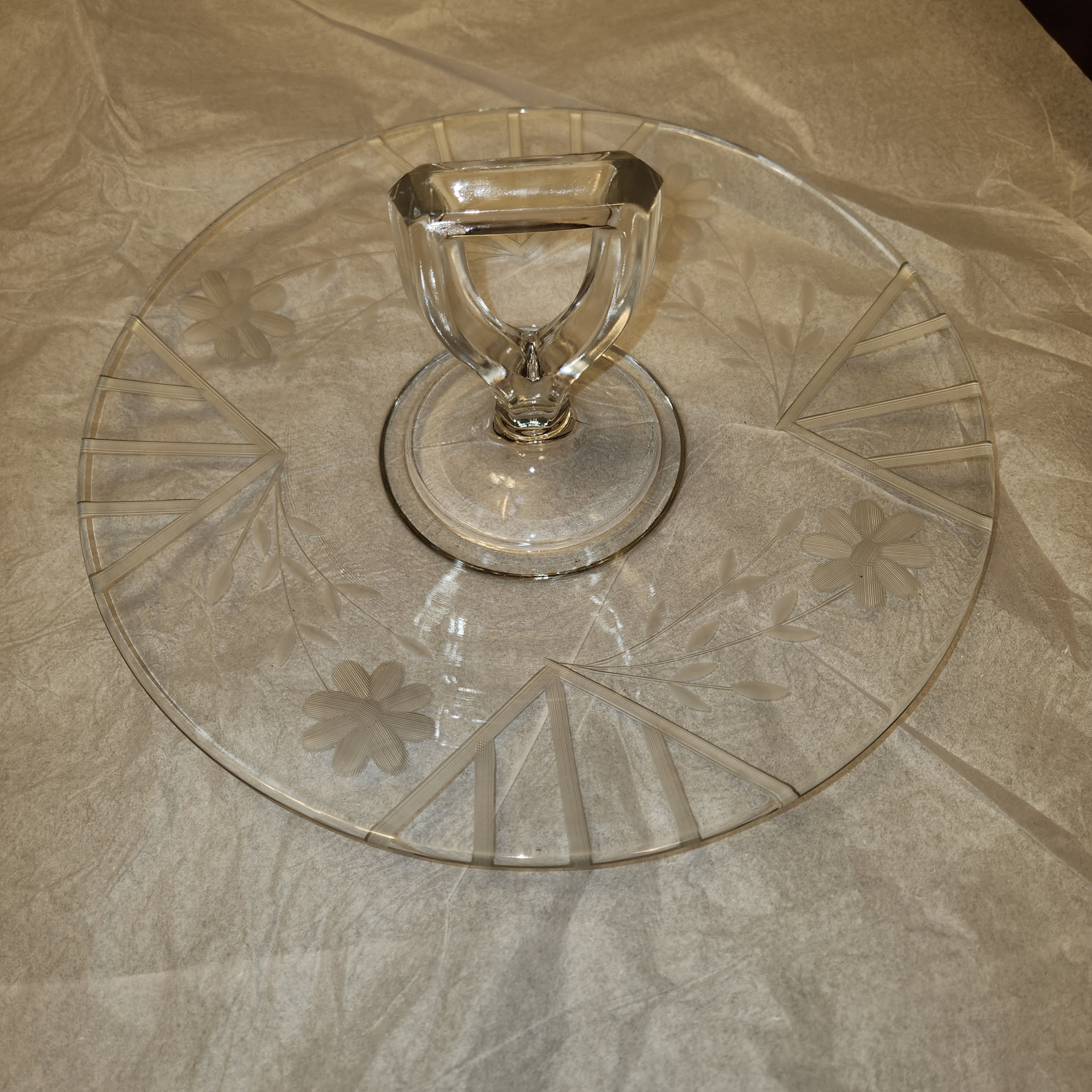 Vintage Etched Clear Glass Center Handle Sandwhich Tidbit Tray Plate ...