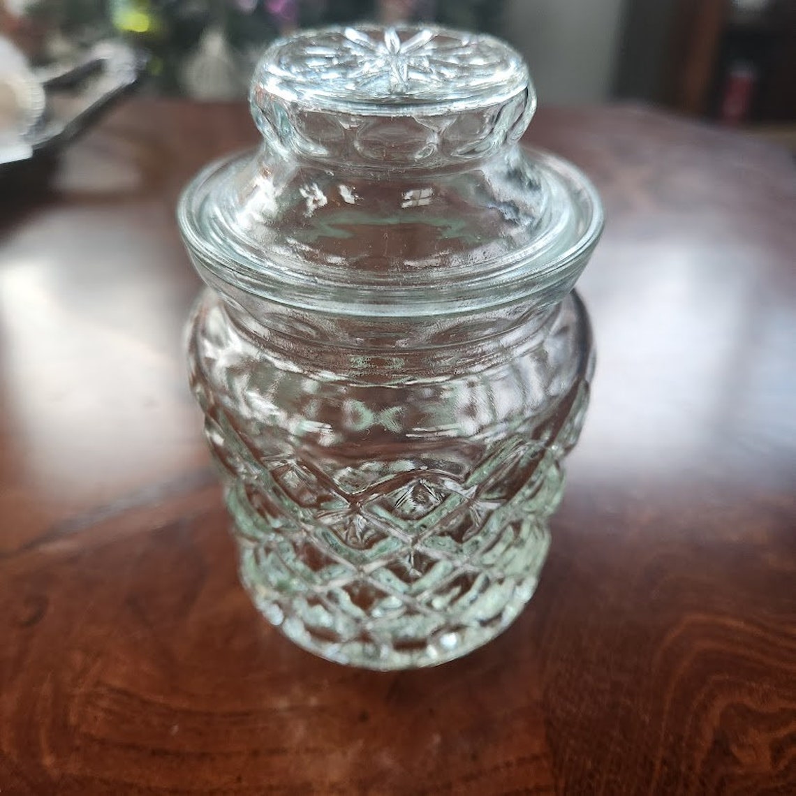 Vintage 1960 to 1980 Clear Jelly Jar Quilted Pressed Glass Lidded Jar ...