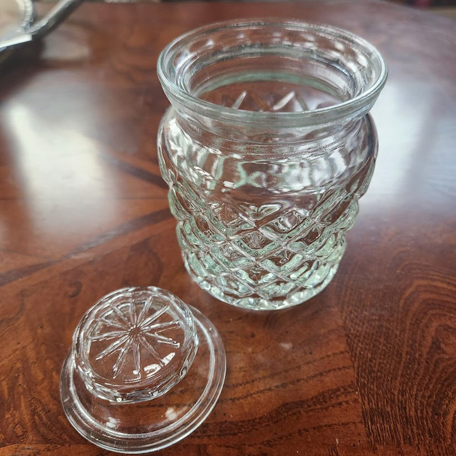 Vintage 1960 to 1980 Clear Jelly Jar Quilted Pressed Glass Lidded Jar ...