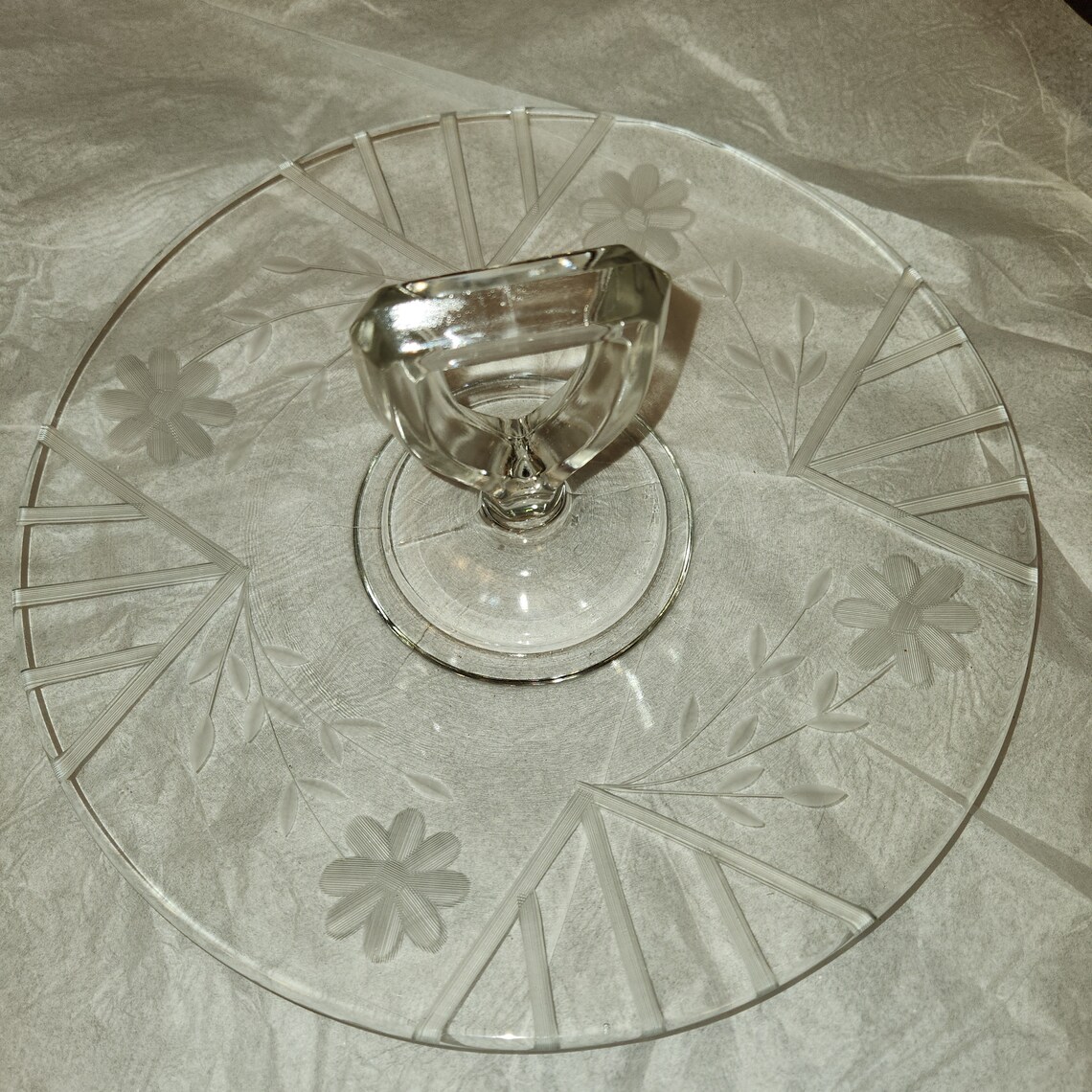 Vintage Etched Clear Glass Center Handle Sandwhich Tidbit Tray - Etsy