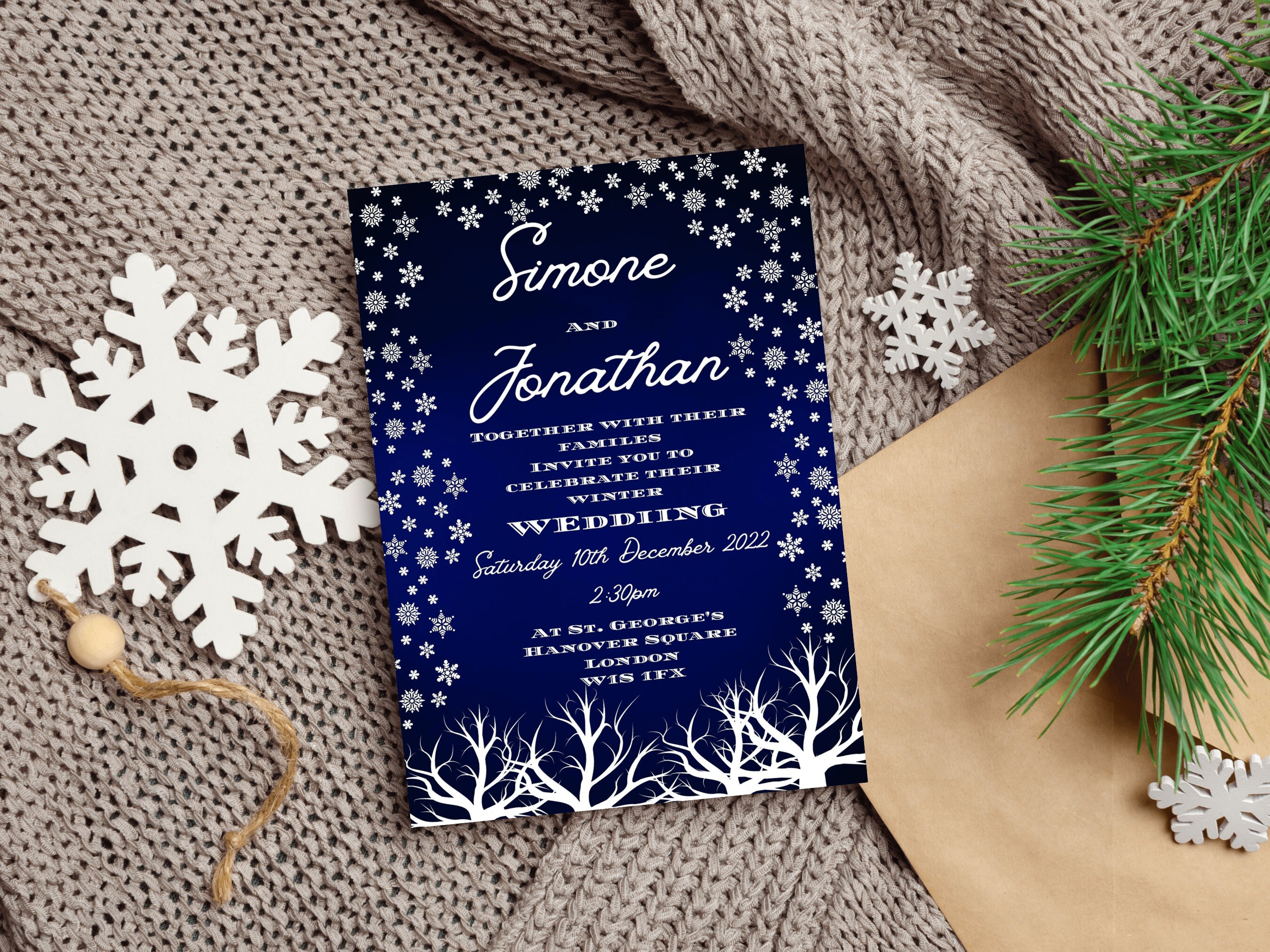 Printable Winter Wedding Invitation Template Suite. Navy Blue and ...