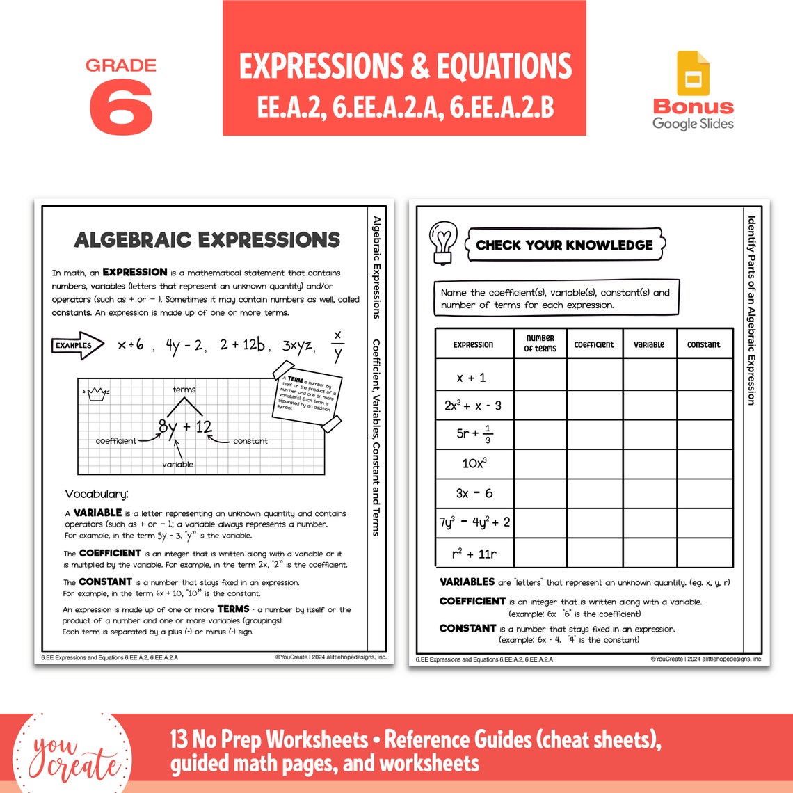 6th Grade Guided Math Algebraic Expressions and Equations 6.EE.A.2, 6 ...