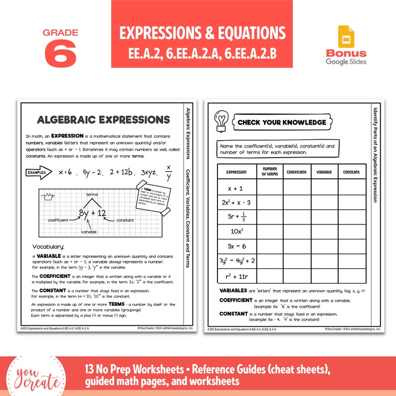6th Grade Guided Math Algebraic Expressions and Equations 6.EE.A.2, 6 ...