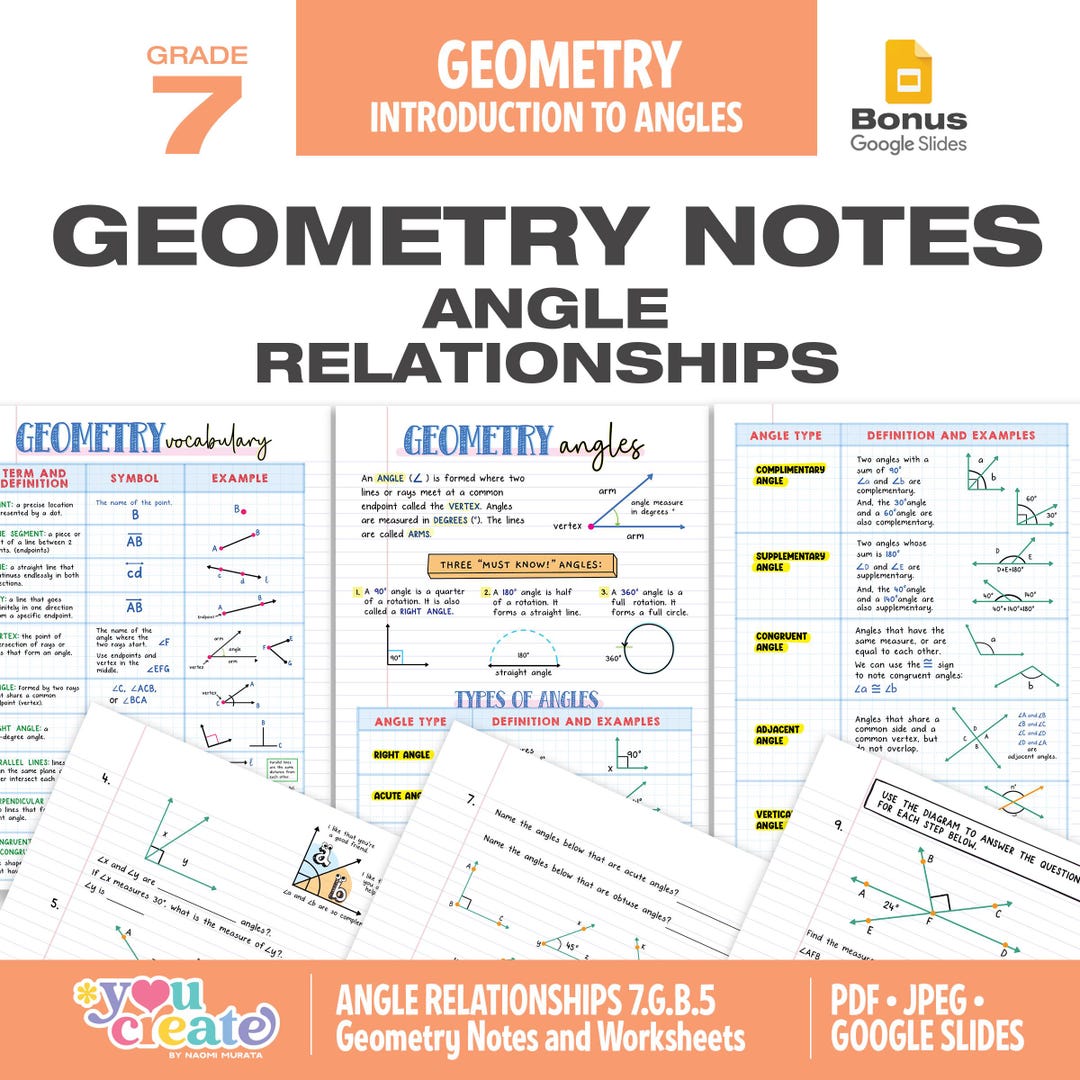 Geometry Math Notes Angles and Angle Relationships + Worksheets 7th ...