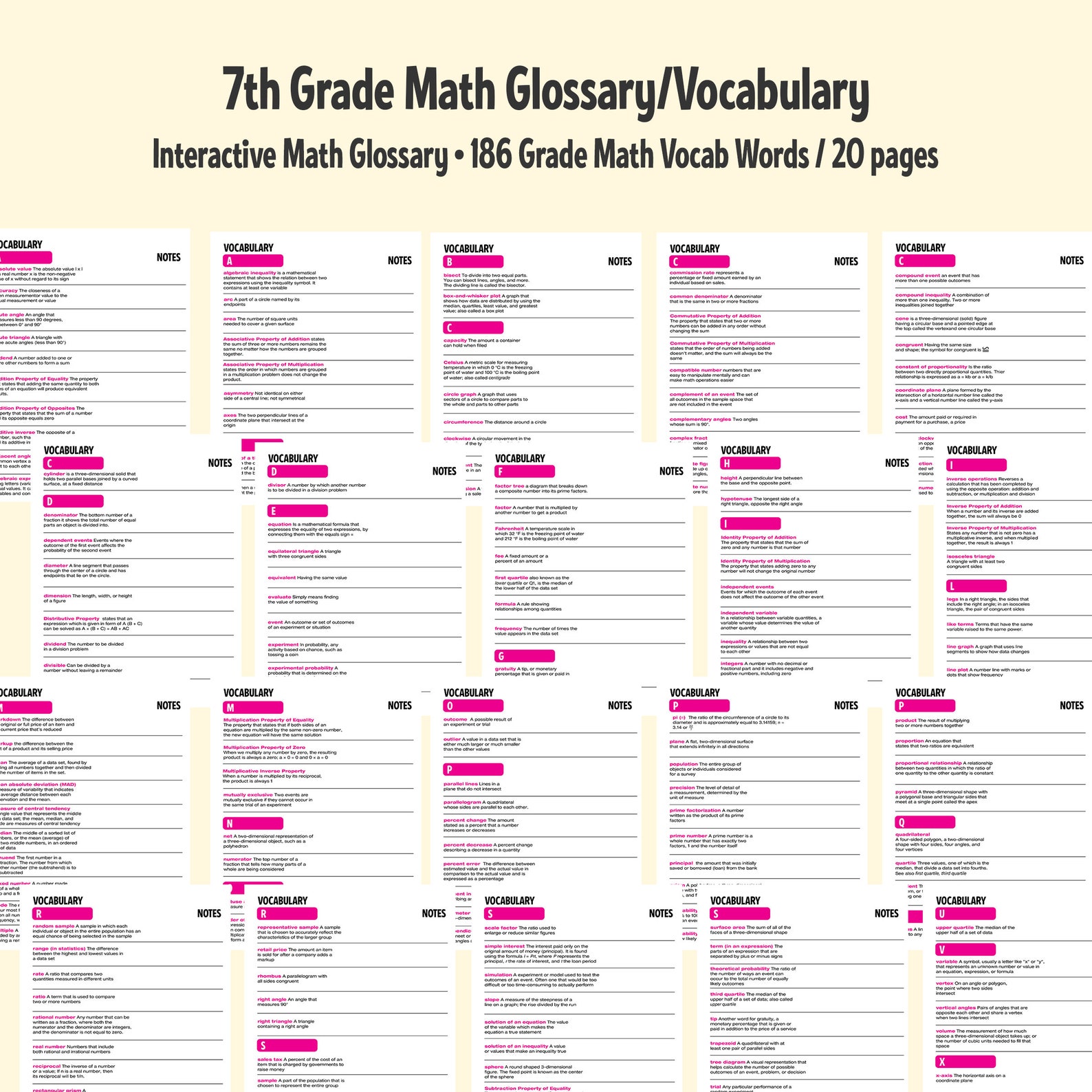 7th Grade Math Glossary • Vocabulary Words | 186 Words/20 Pages in ...