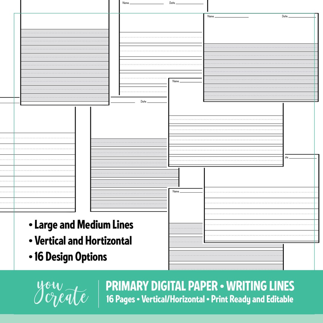 Primary Writing Lined Digital Paper | Horizontal • Vertical | 16 Print ...