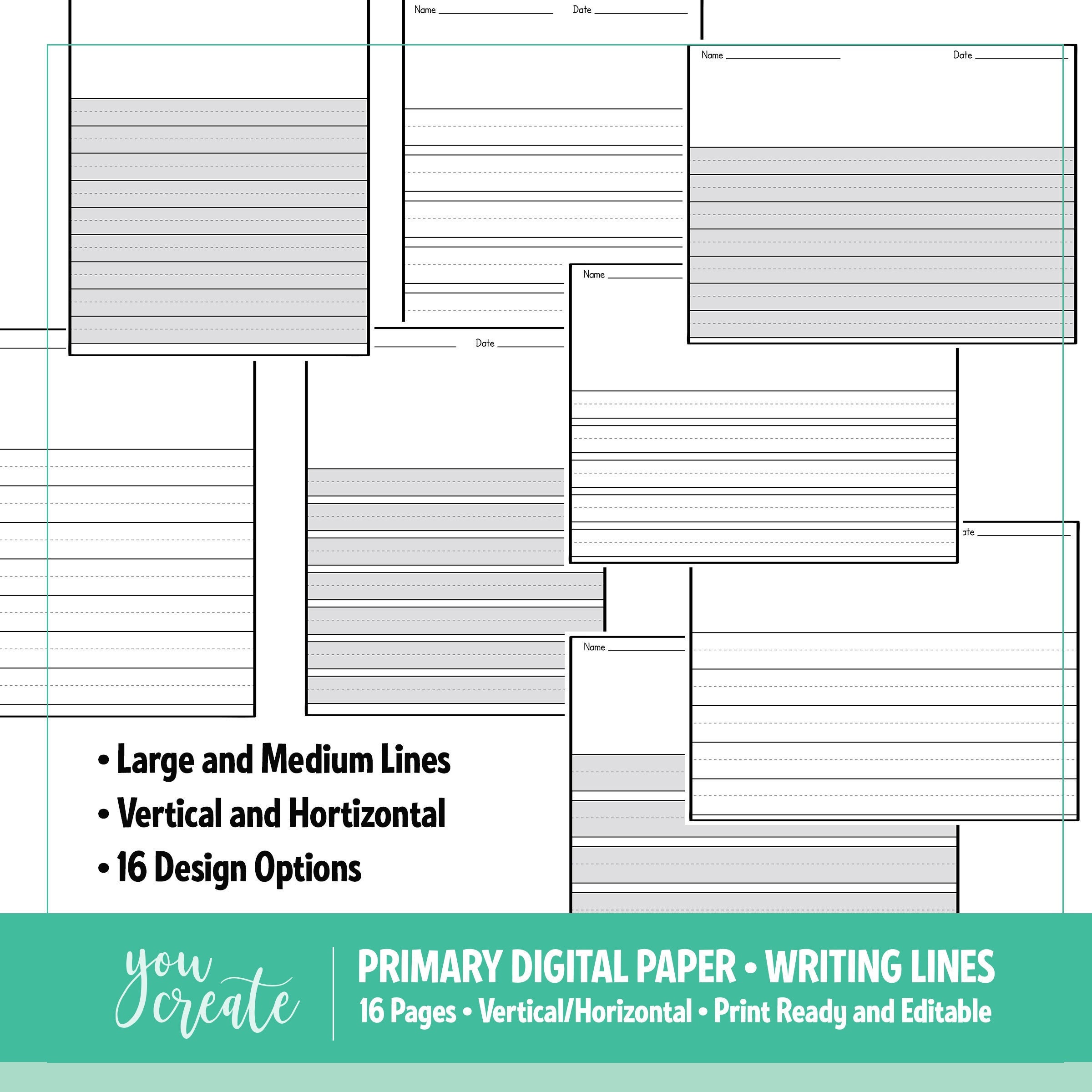 Primary Writing Lined Digital Paper | Horizontal • Vertical | 16 Print ...