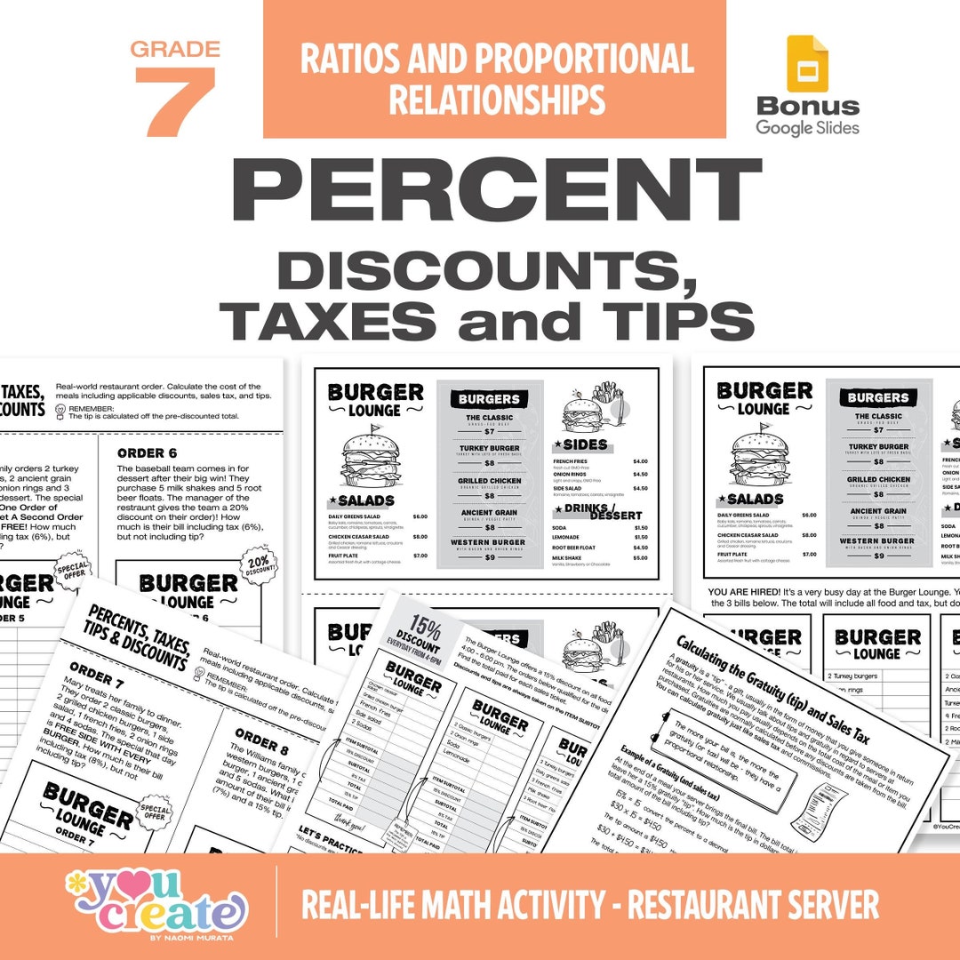 7th Grade Percents: Taxes, Gratuities, Tips, Discounts Real-world Math ...