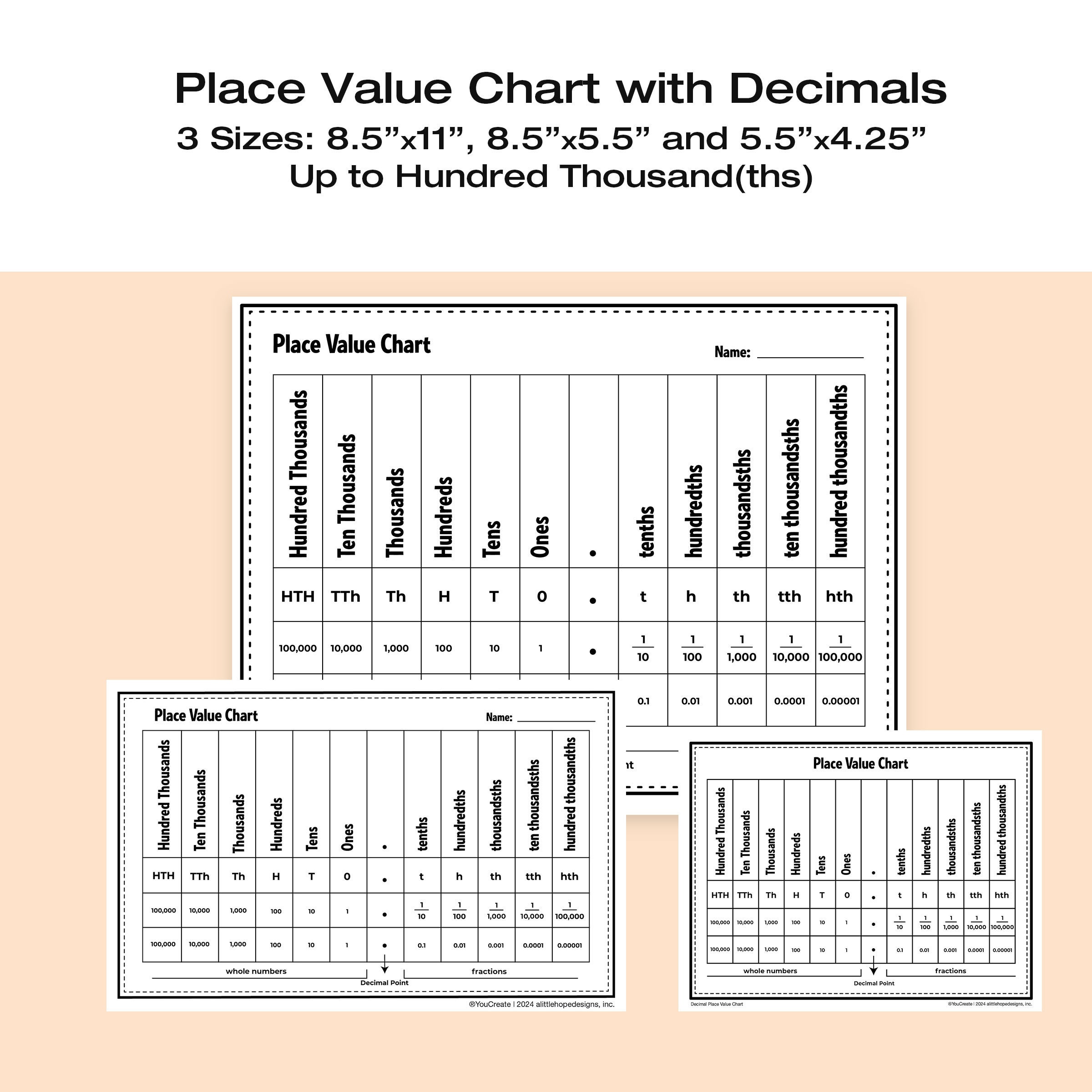 Place Value Chart With Decimals • Decimal Place Value Chart • 3 Sizes ...