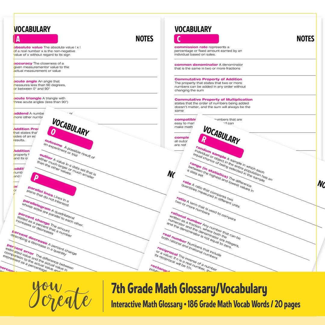 7th Grade Math Glossary • Vocabulary Words | 186 Words/20 Pages in ...
