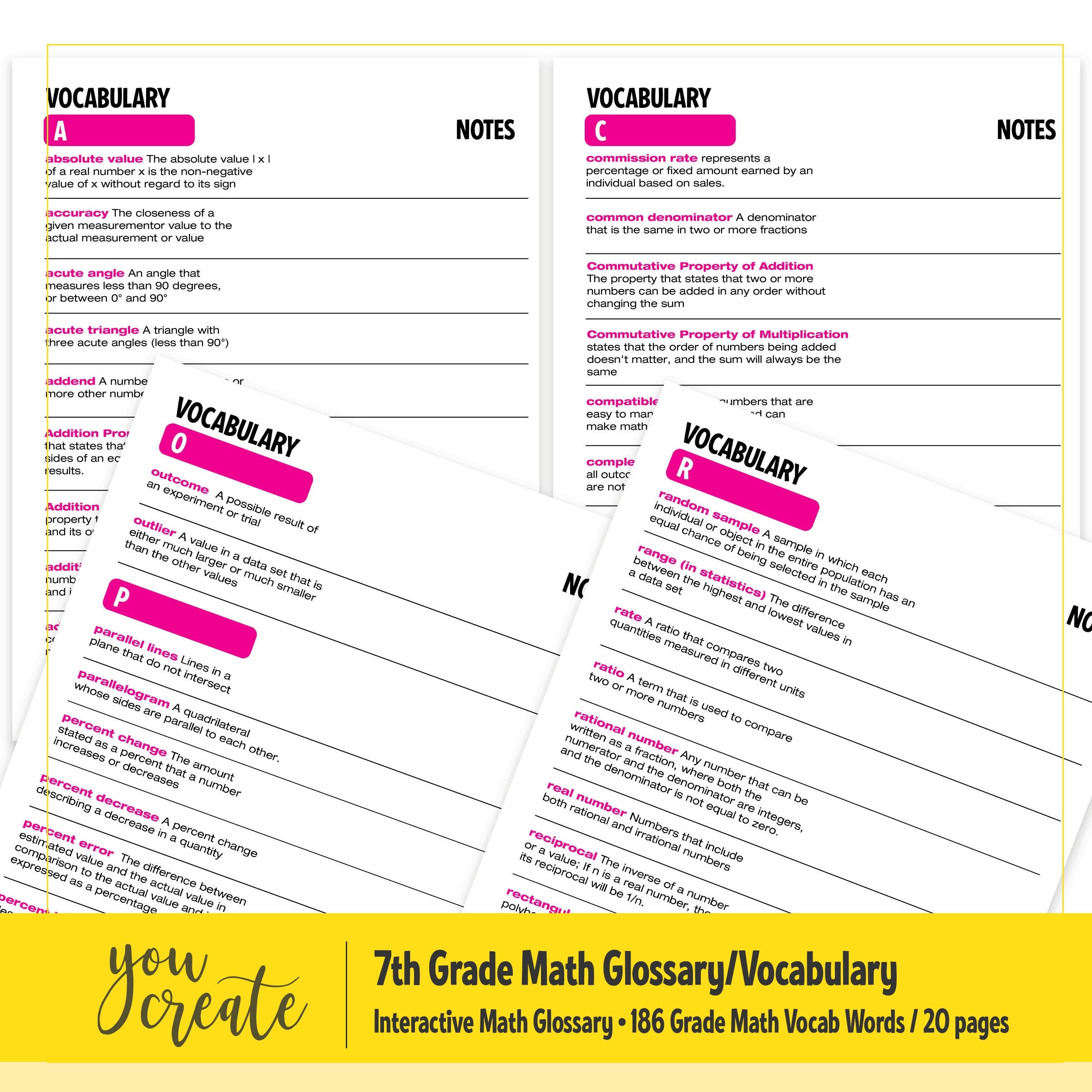 7th Grade Math Glossary • Vocabulary Words | 186 Words/20 Pages in ...