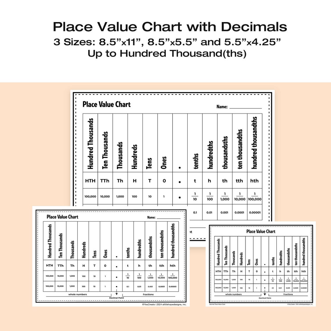 Place Value Chart With Decimals • Decimal Place Value Chart • 3 Sizes ...