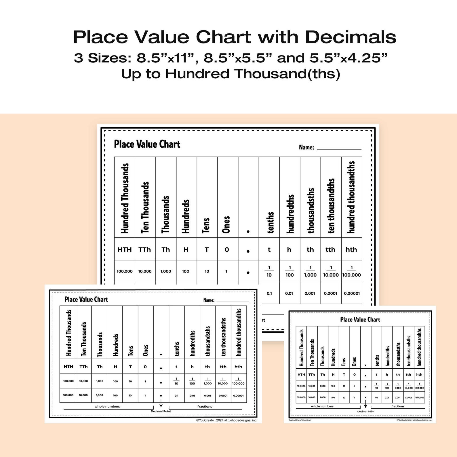 Place Value Chart With Decimals • Decimal Place Value Chart • 3 Sizes ...