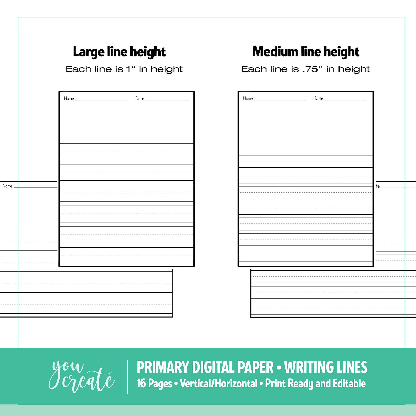 Primary Writing Lined Digital Paper | Horizontal • Vertical | 16 Print ...