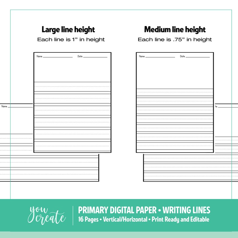 Primary Writing Lined Digital Paper | Horizontal • Vertical | 16 Print ...