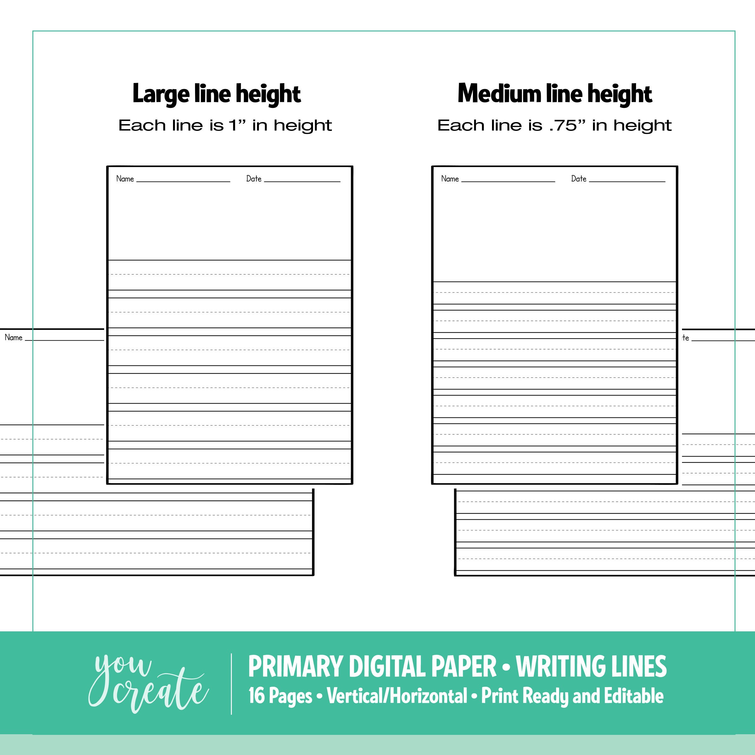 Primary Writing Lined Digital Paper | Horizontal • Vertical | 16 Print ...