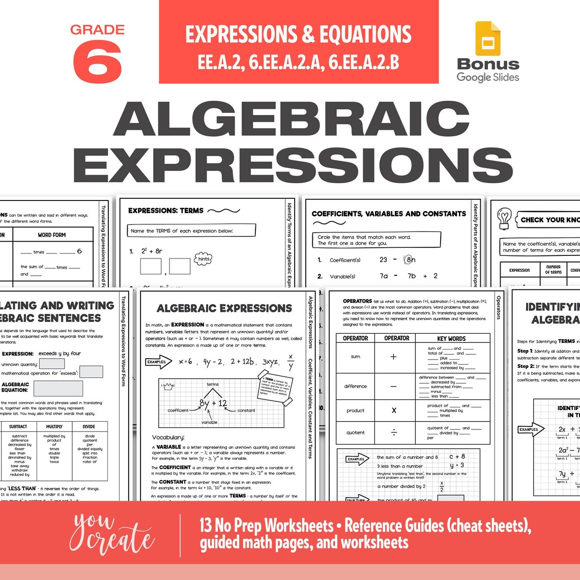 6th Grade Guided Math Algebraic Expressions and Equations 6.EE.A.2, 6 ...