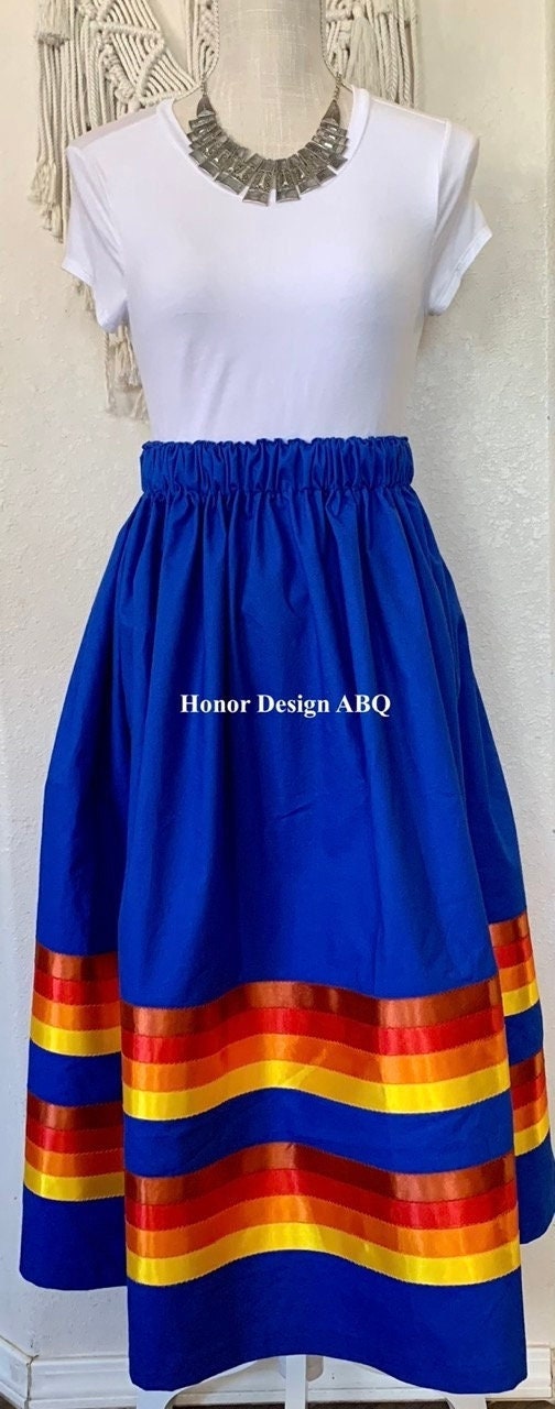 Traditional Ribbon Skirt Royal Blue Solid With Yellow, Orange, Red ...