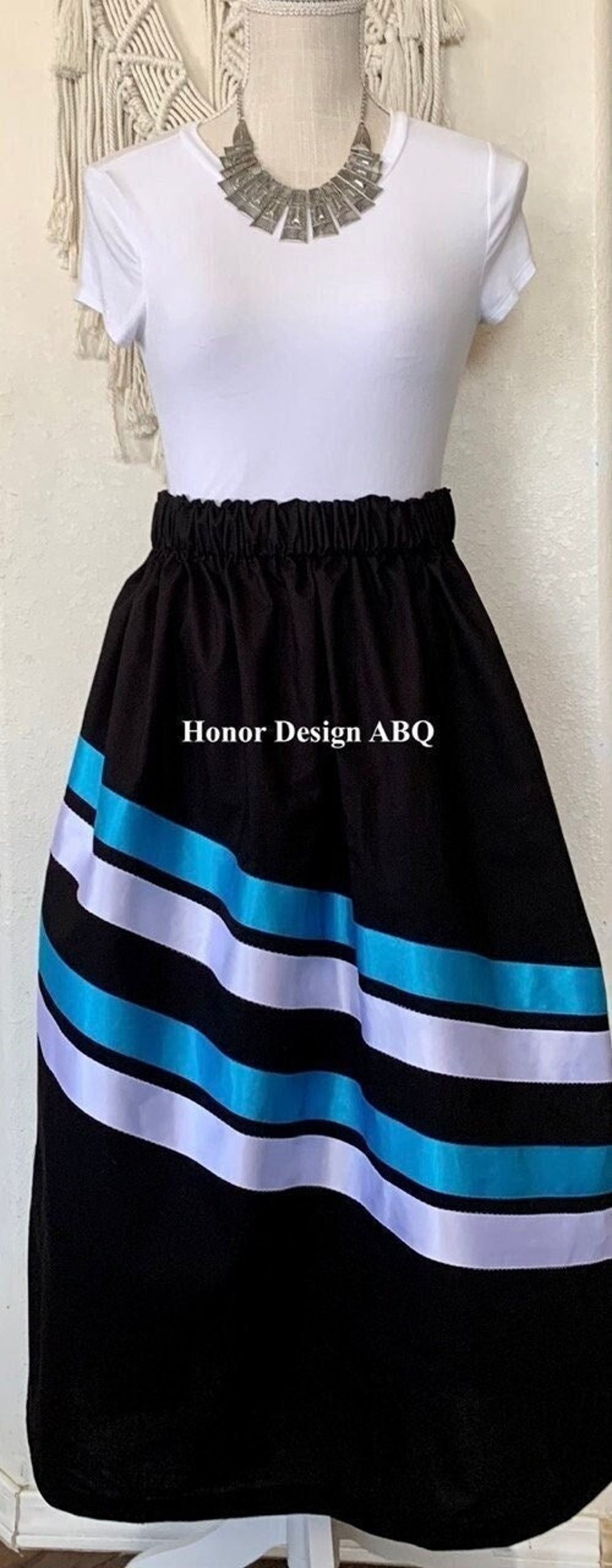 Traditional Ribbon Skirt Luxe Black With Turquoise and White Ribbons ...