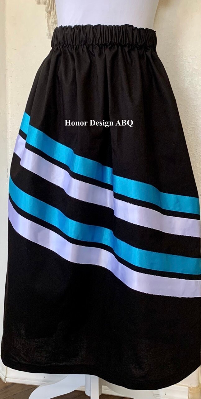 Traditional Ribbon Skirt Luxe Black With Turquoise and White Ribbons ...