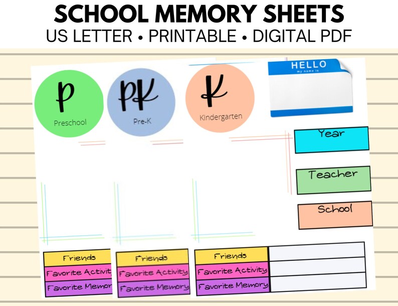 Editable School Printable Yearly Memory Sheets, School File Binder/box ...