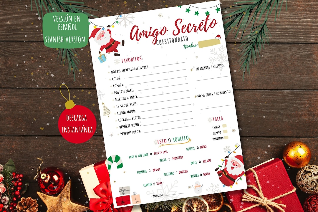 Spanish Version Instant Download Fun Secret Santa Questionnaire ...