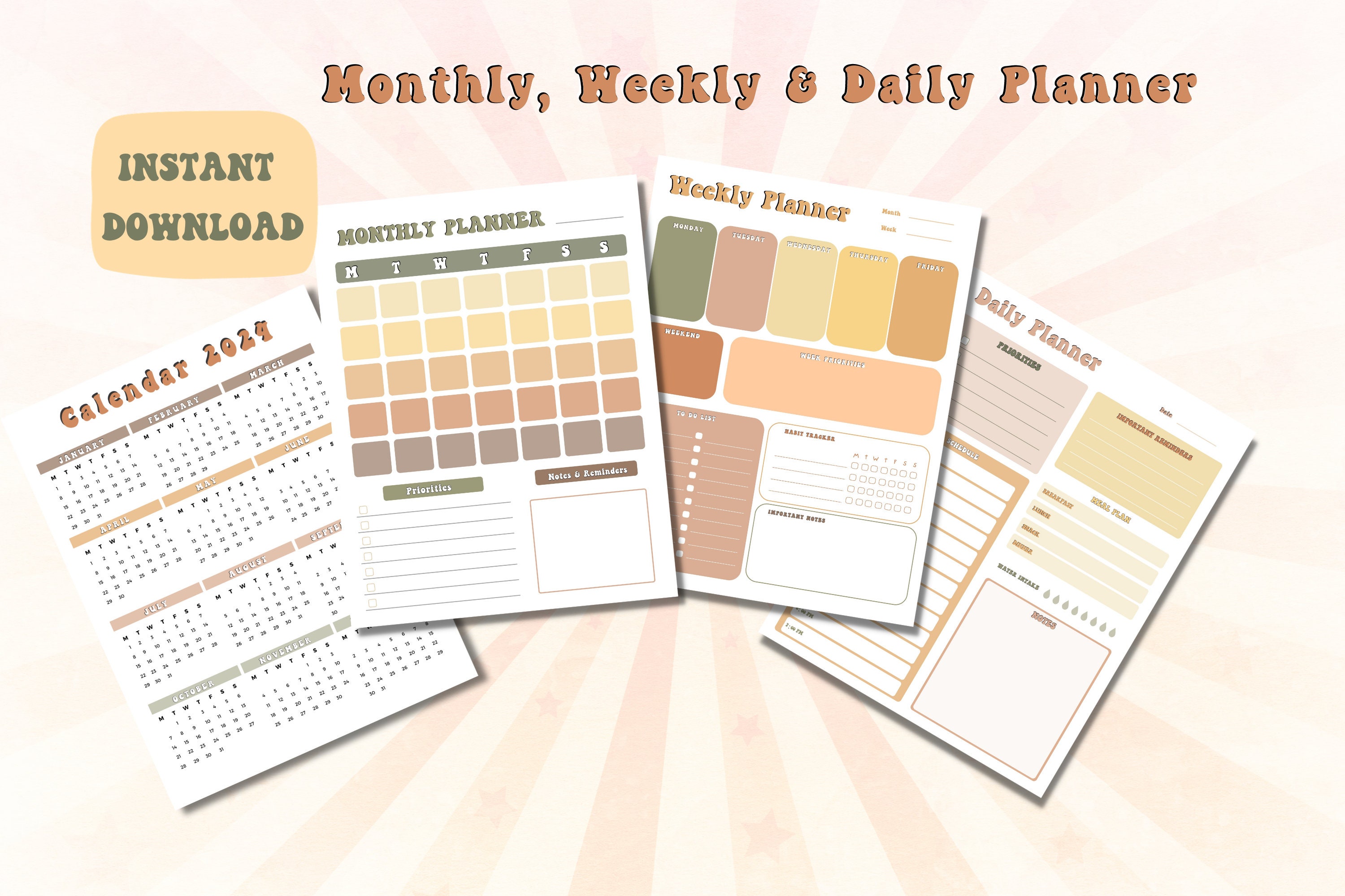 Printable Retro Planner Set, Digital Weekly Planner, Personal Monthly ...