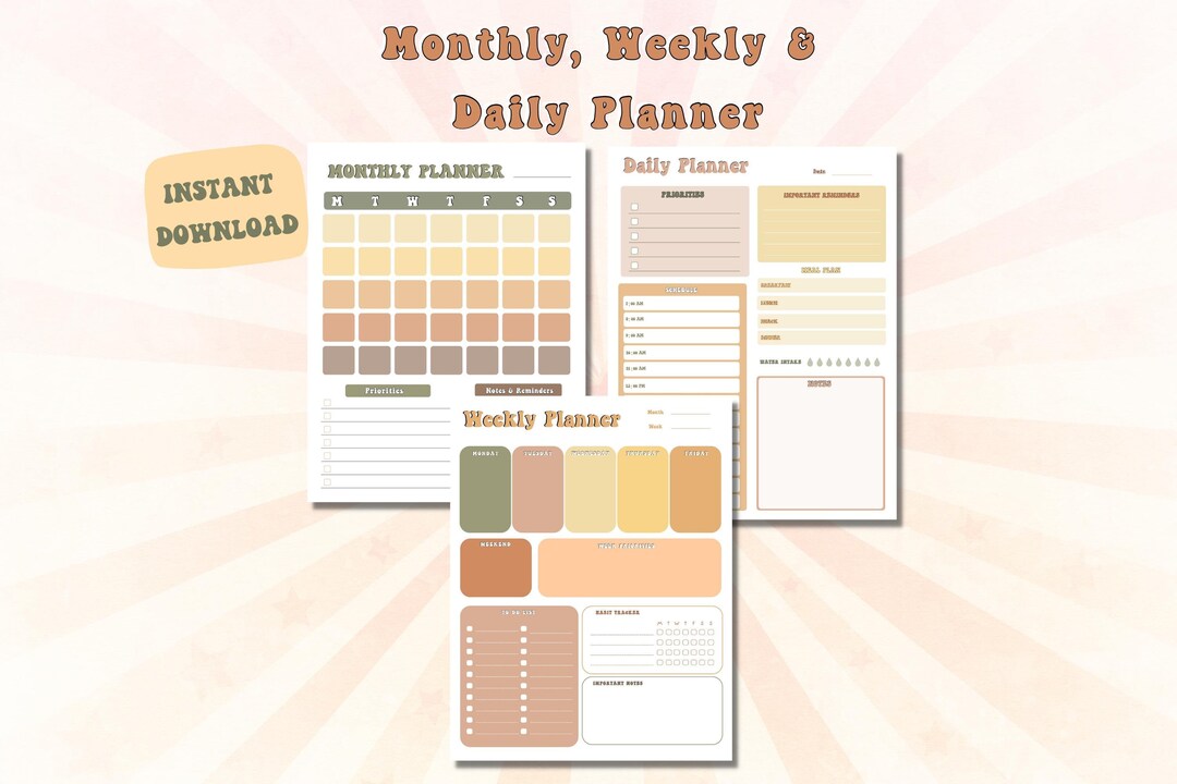 Printable Retro Planner Set, Digital Weekly Planner, Personal Monthly ...
