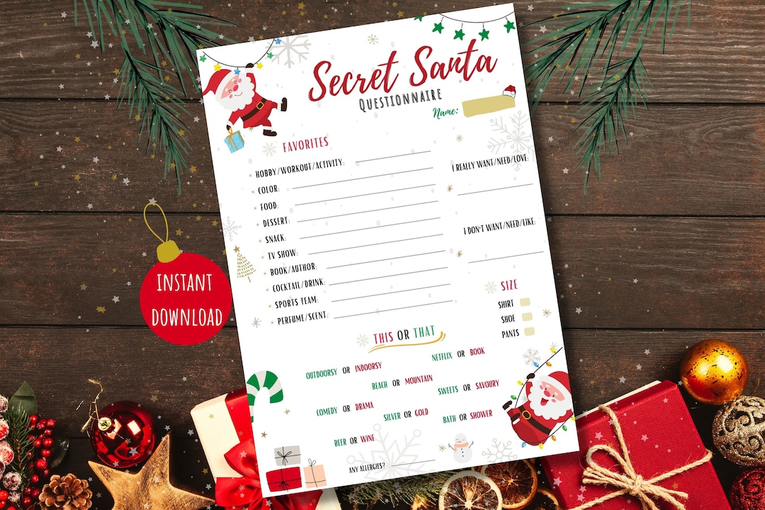 Instant Download Fun Secret Santa Questionnaire, Perfect for Your Gift ...