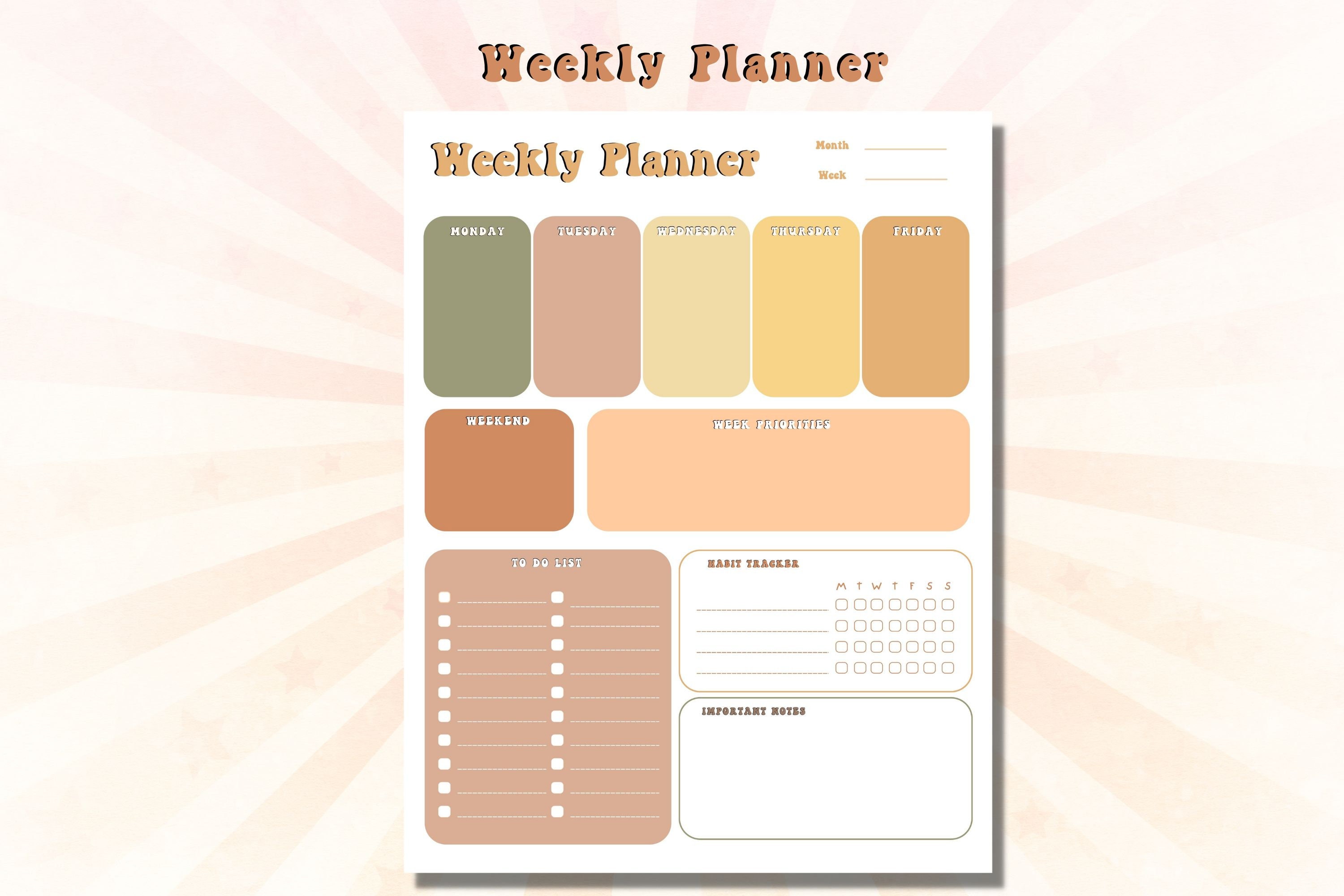Printable Retro Planner Set, Digital Weekly Planner, Personal Monthly ...