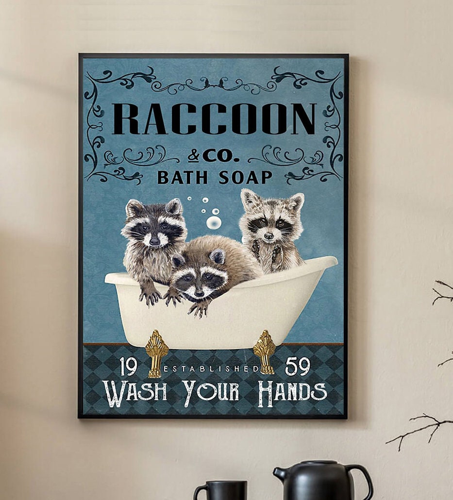 Raccoon in Bathtub Co Bath Soap Poster, Raccoon Poster, Vintage Poster ...