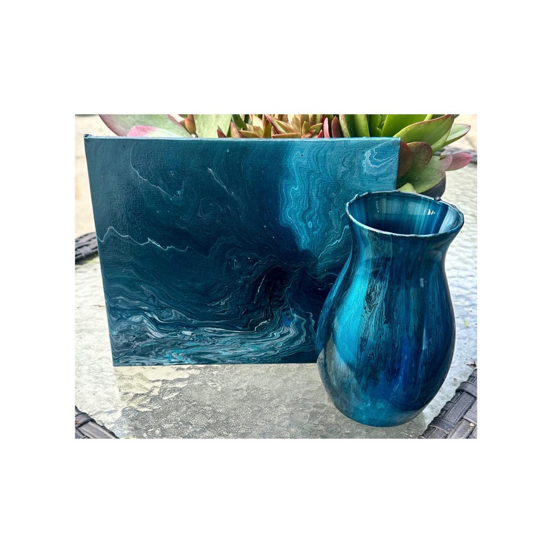 Ocean Inspired Vase and Canvas Set, Hand Painted Fluid Acrylic Art ...