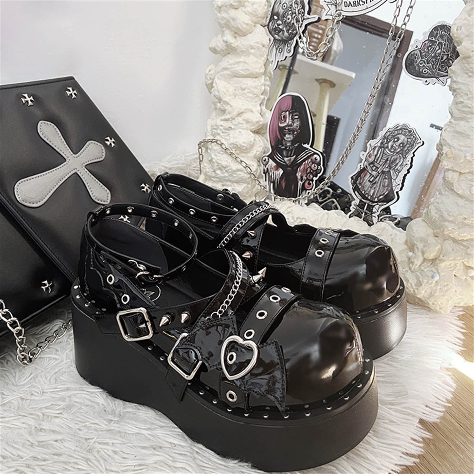Gothic Platform Shoes Black PU Leather Shoes With Rivets - Etsy
