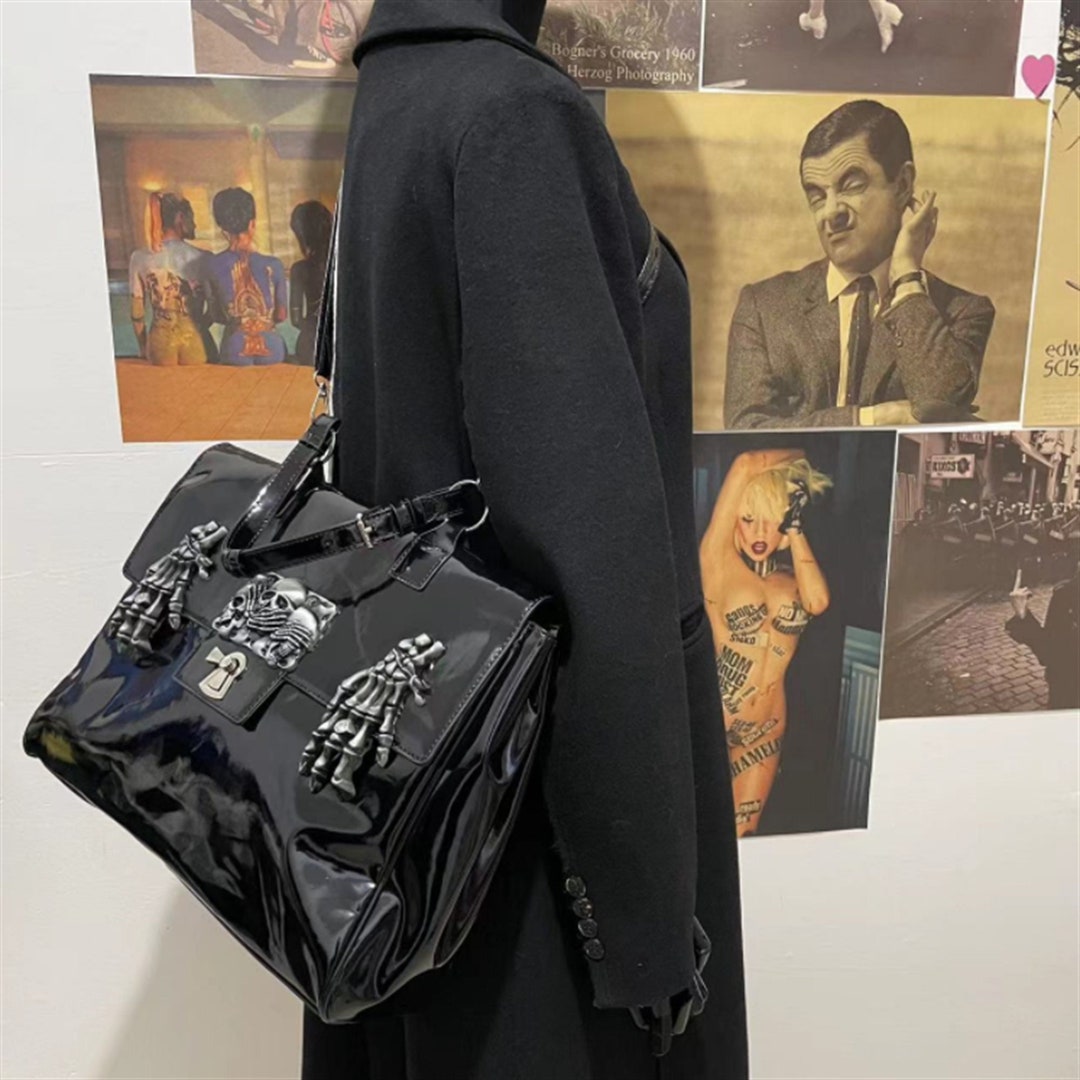 Black Patent Leather Bag Punk Handbag Goth Shoulder Bag Gothic Handbag ...