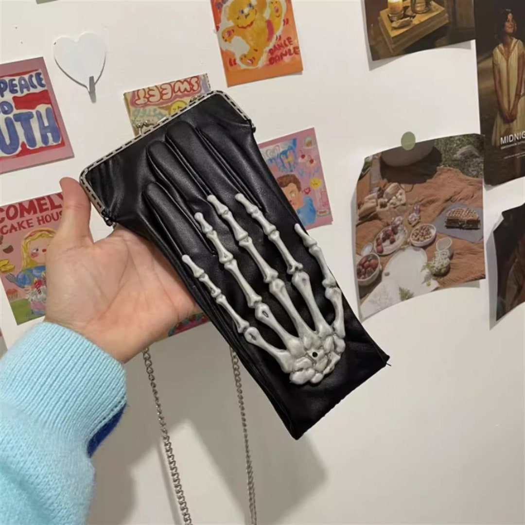 Skeleton Hand Bone Bag, Punk Chain Strap Bag, Black PU Leather Shoulder ...