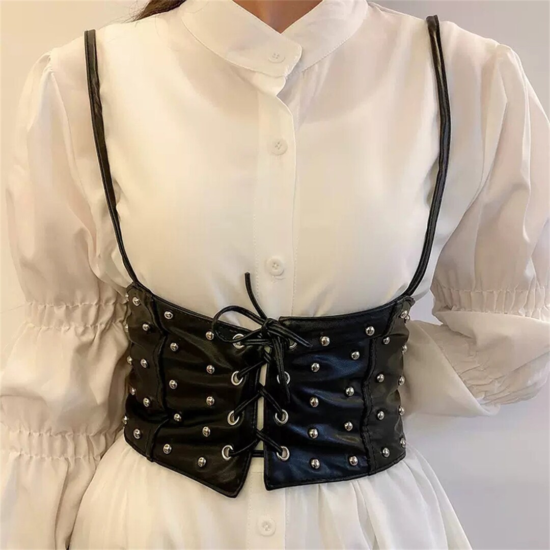 NEW Steampunk Corset Belt, Black Leather Belt With Rivets, Underbust ...