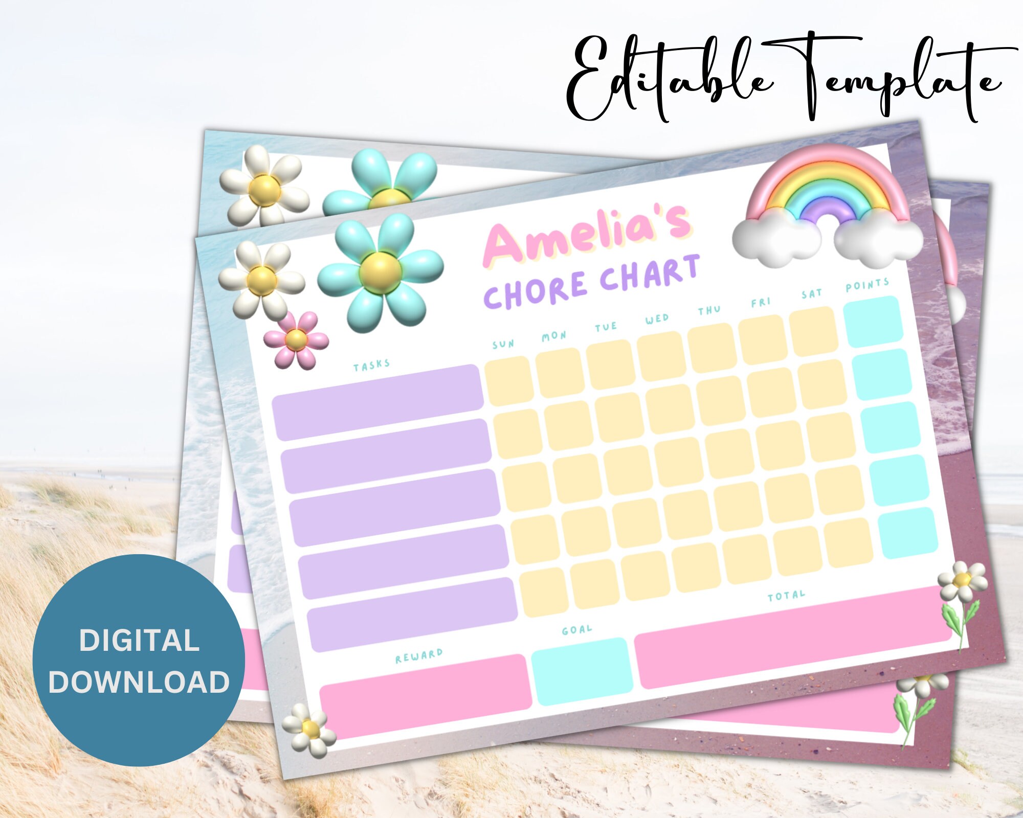 Rainbow and Daisy Daily Chore Chart, Chore Chart for Kids Editable ...