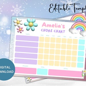 Rainbow and Daisy Daily Chore Chart, Chore Chart for Kids | Editable ...
