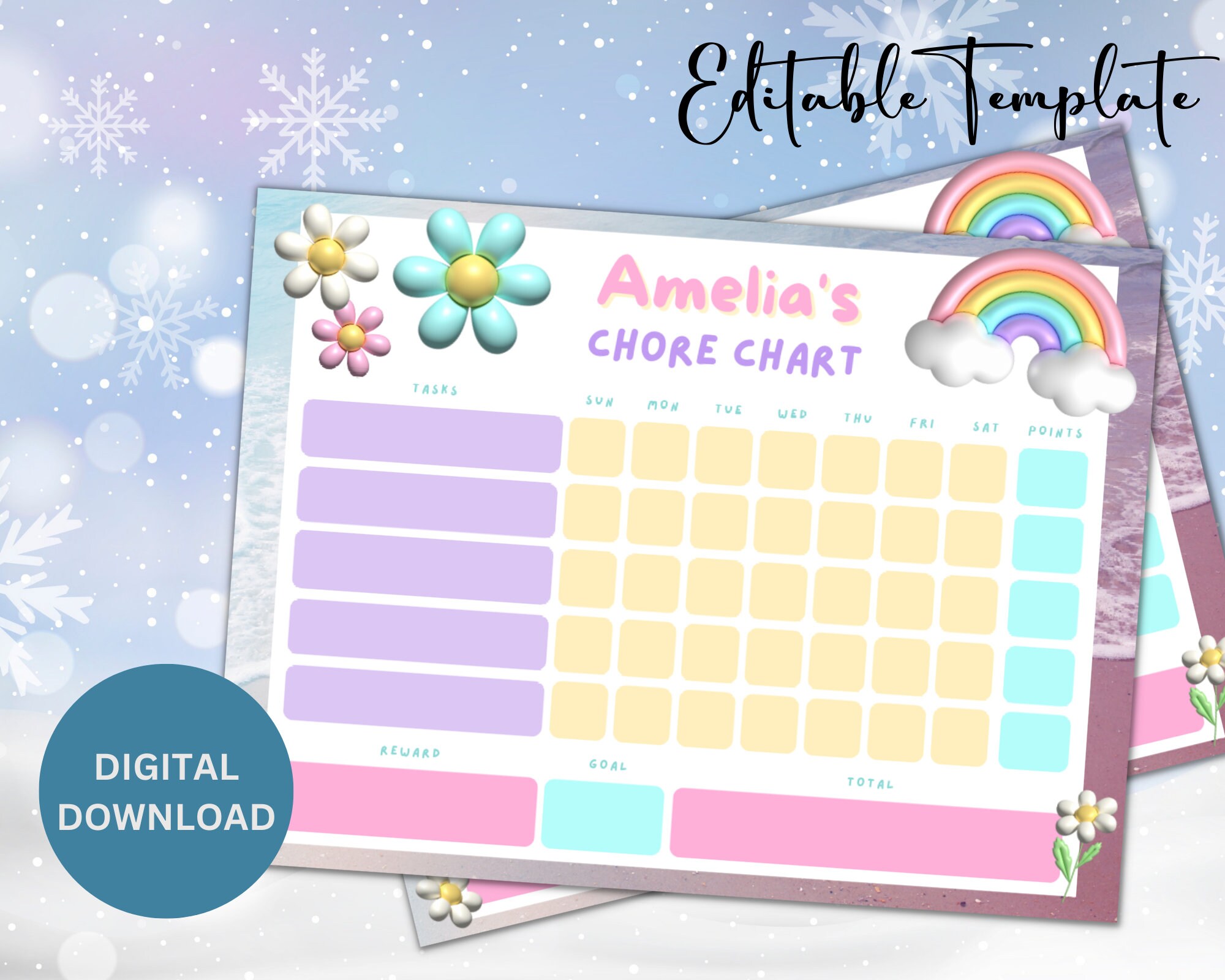 Rainbow and Daisy Daily Chore Chart, Chore Chart for Kids Editable ...