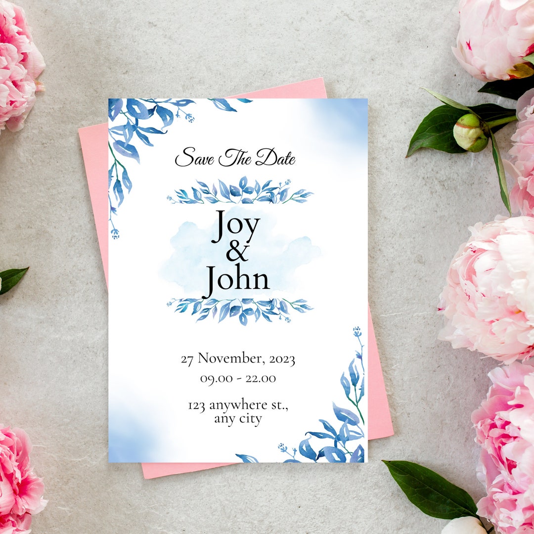 Editable Blue and White Floral Wedding Card for Save the Date ...