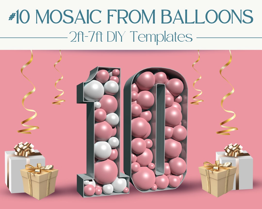 Number 10 Mosaic With Balloons | 2ft, 3ft, 4ft, 5ft, 6ft, 7ft Marquee ...