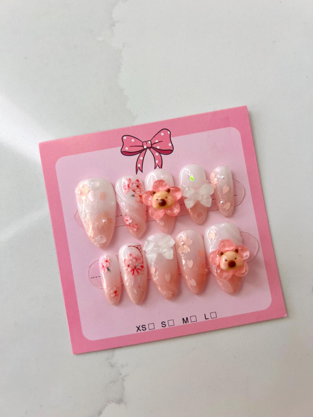 Kawaii Pink Sakura Capybara Press on Nails | Deko | Holographic |yogurt ...